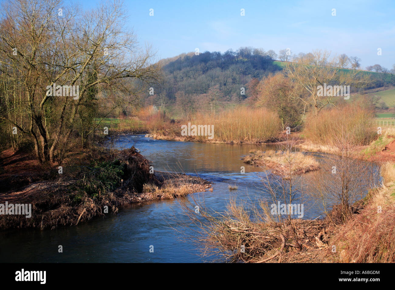 River Monnow and Monnow valley from Skenfrith bridge taken on a cold ...