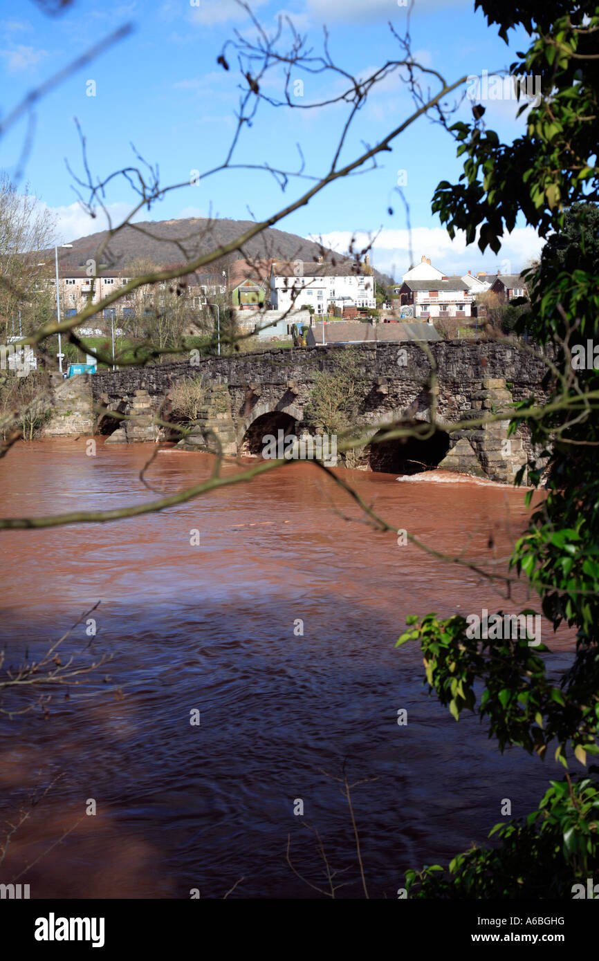 Flooded River Usk at Usk road bridge in Abergavenny in Monmouthshire in ...