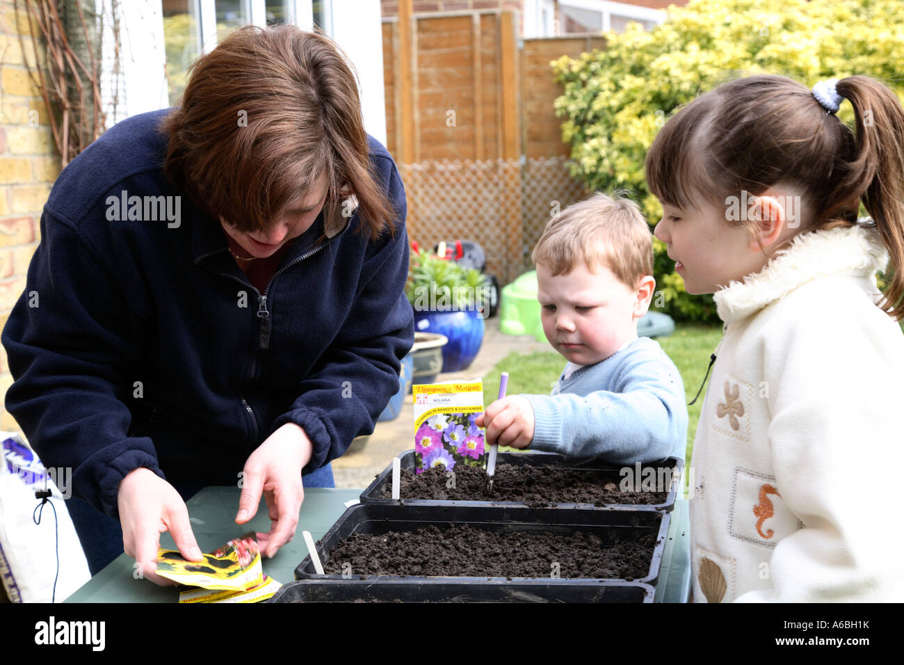 Mother helping young children to plant seeds in seed trays ready to go ...