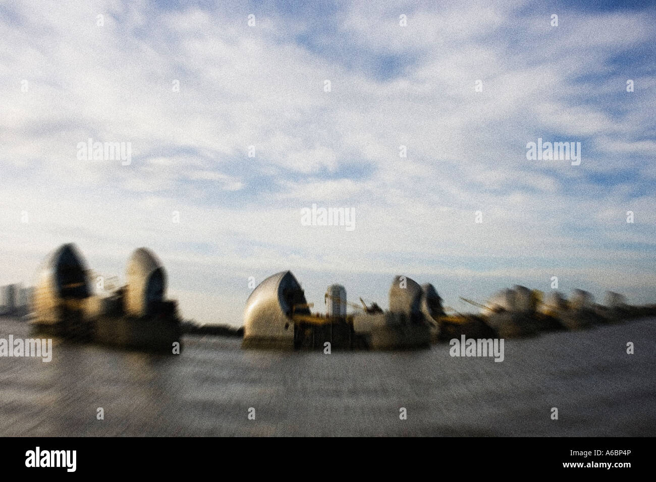 LONDON TSUNAMI. Image of Thames Barrier, distorted to suggest an ...