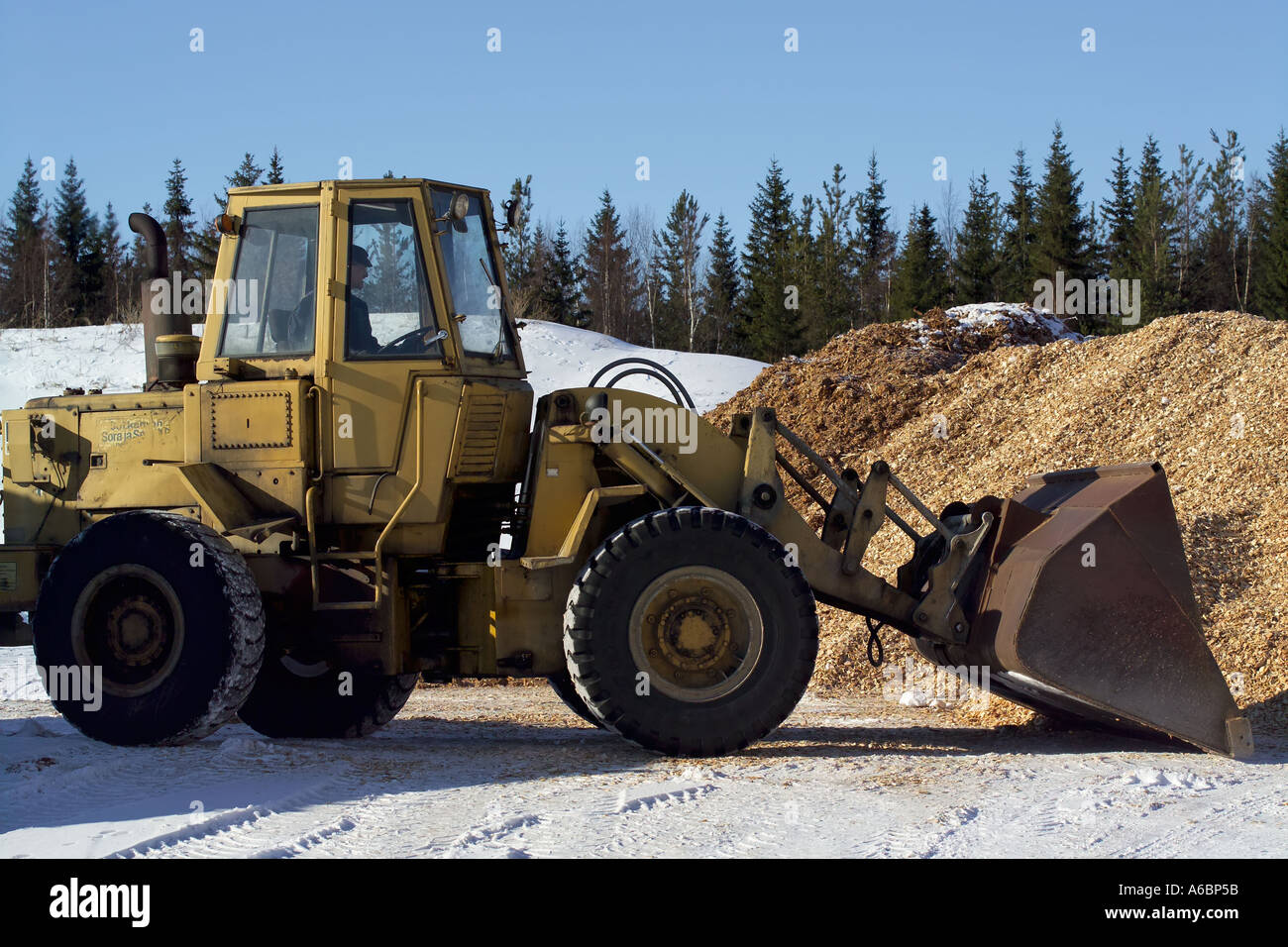 Front loader moving chopped wood Stock Photo - Alamy