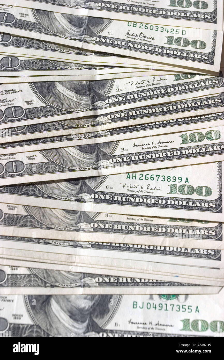 aligned 5000 dollars in cash in One hundred american currency Stock ...