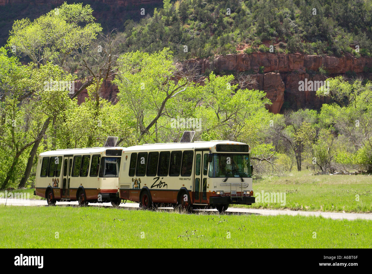 propane powered shuttle bus transports tourists in Zion National Park ...