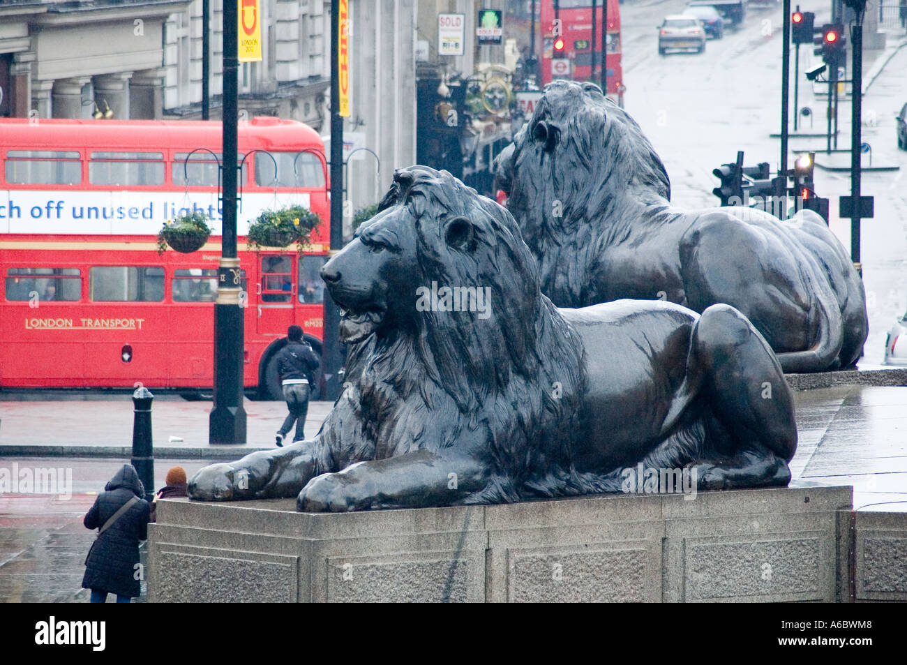 two of the four lions in trafalgar square london Stock Photo - Alamy