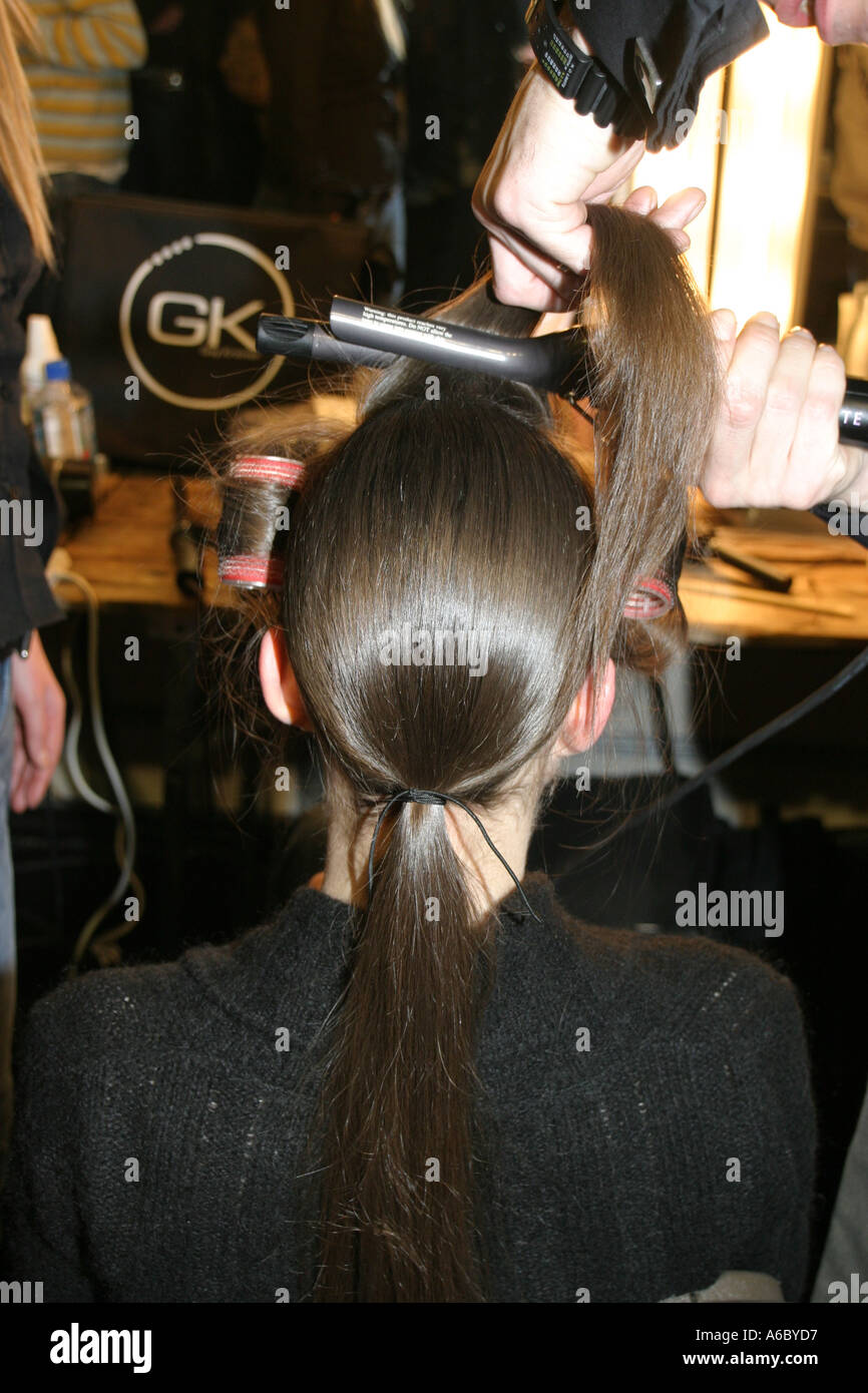 Model getting hair done backstage at London Fashion Week Stock Photo ...