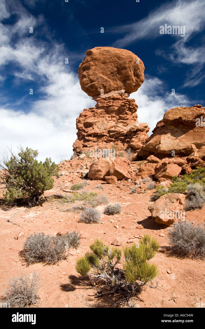 Rock formation known as Balanced Rock in Arches National Park in Utah ...
