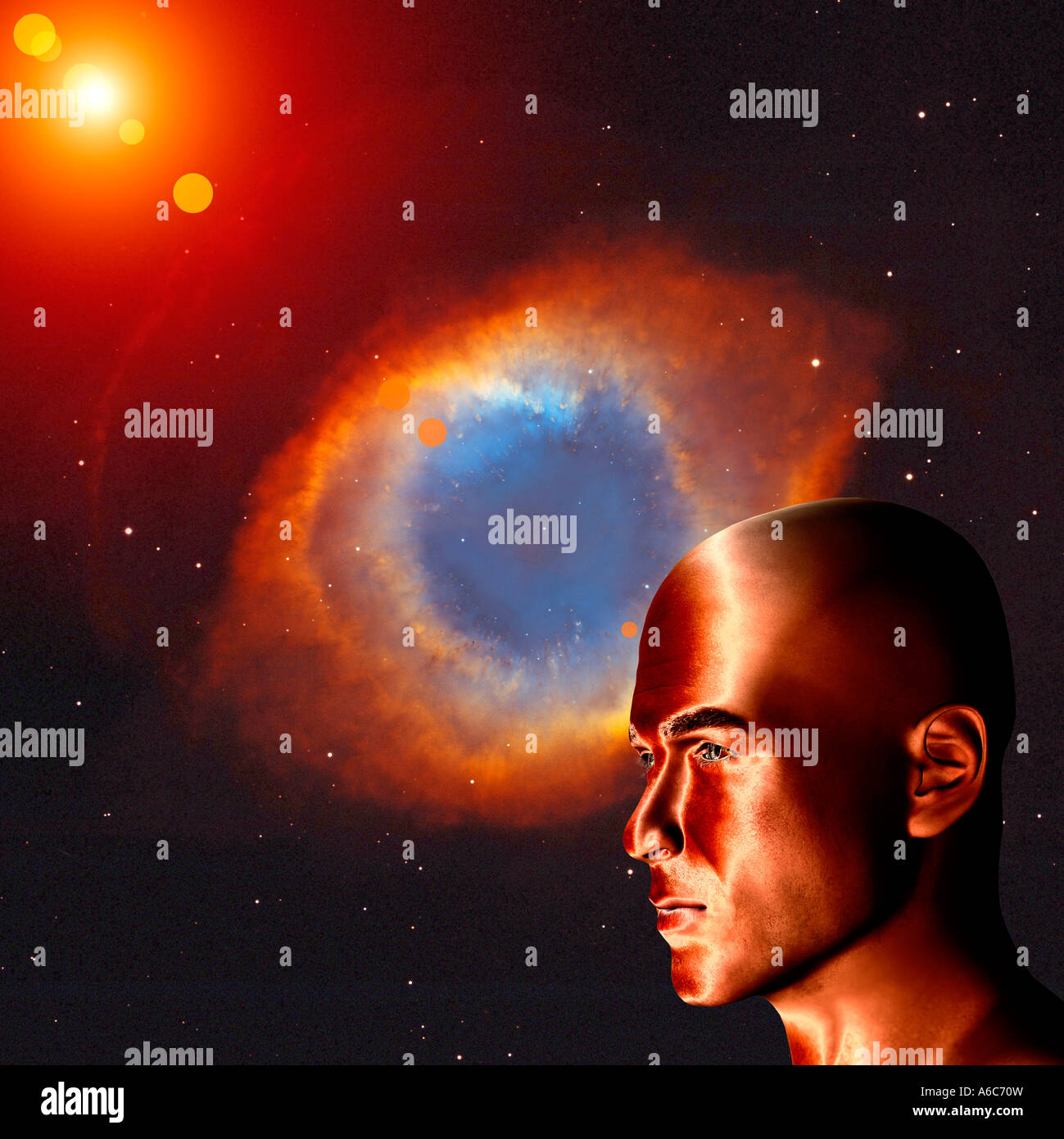 conceptual futuristic 3D computer generated male robot head with outer ...