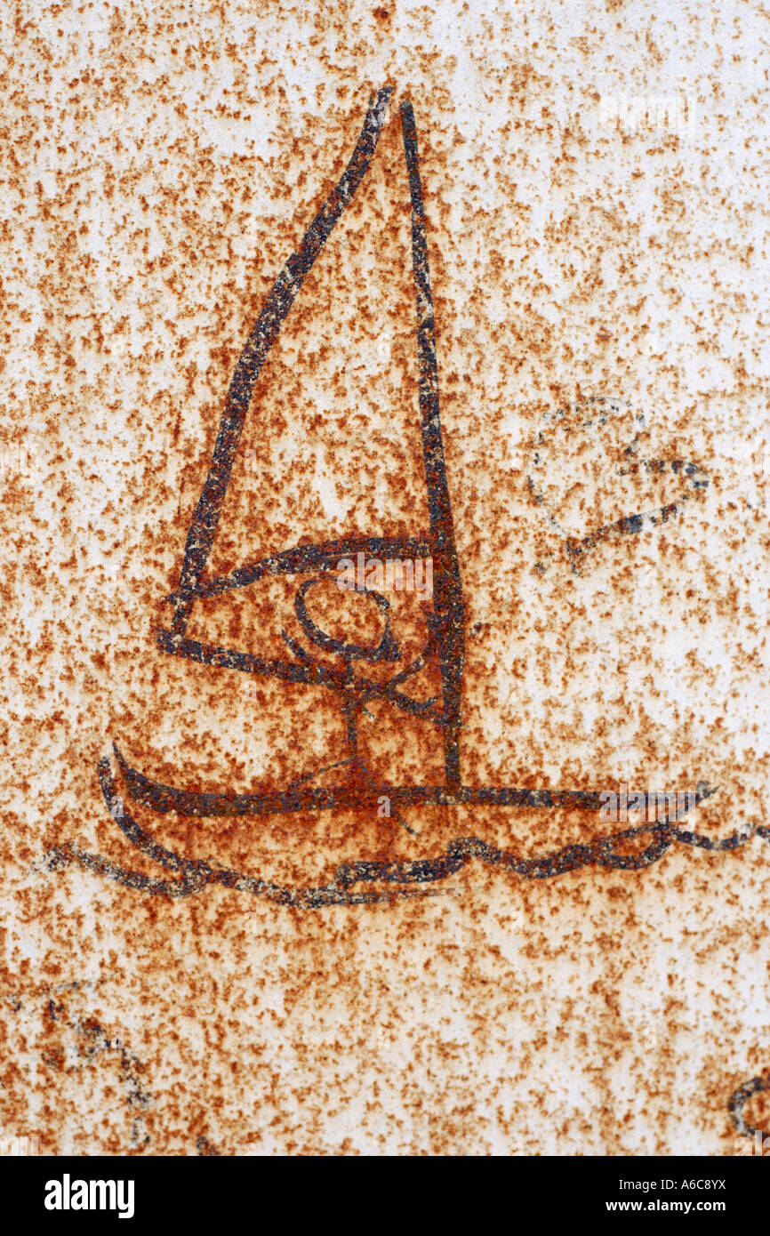 line drawing of a rusting boat scratched into rusty metal Stock Photo ...