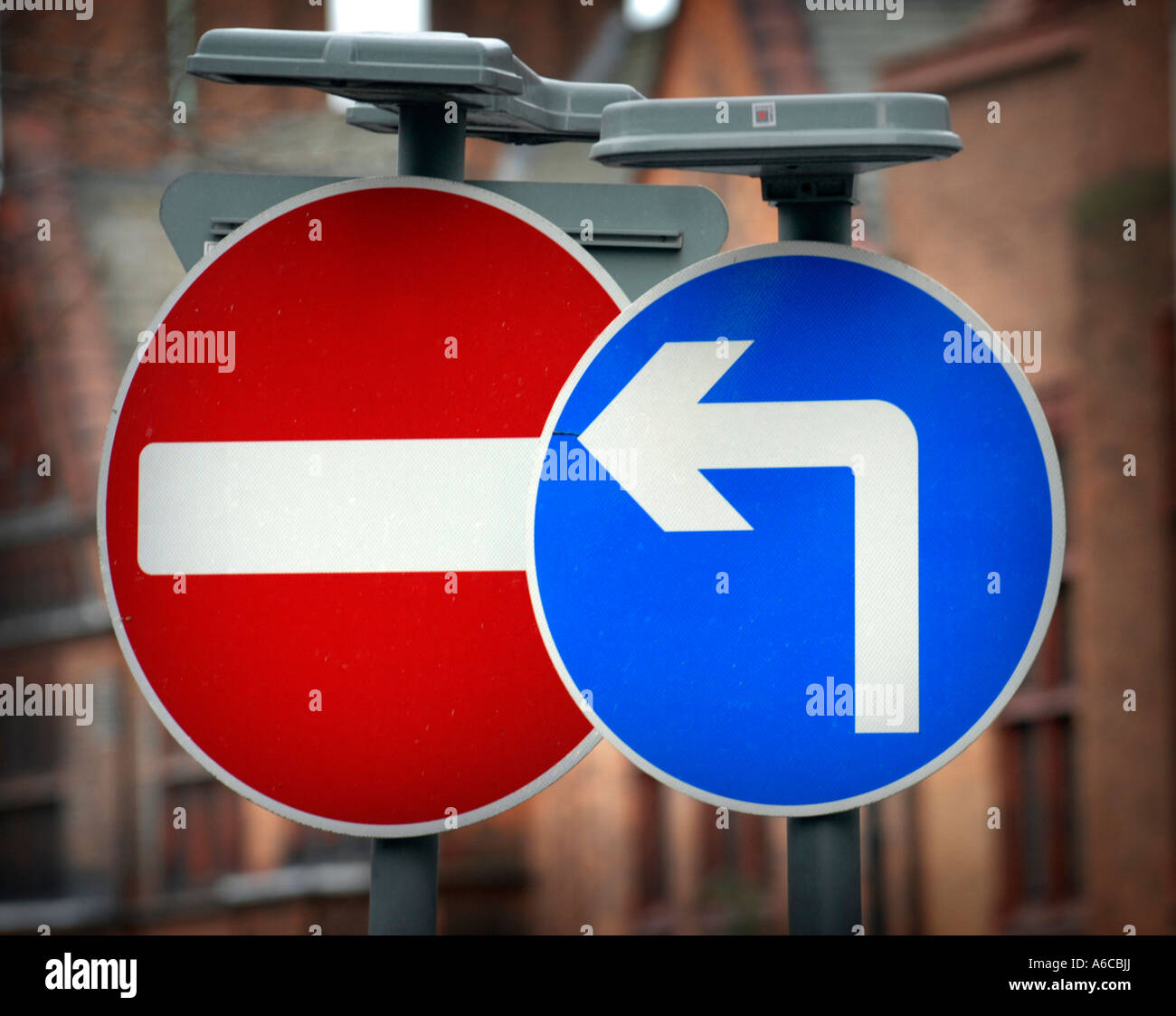 No entry and turn left road signs in Birmingham City centre Stock Photo ...