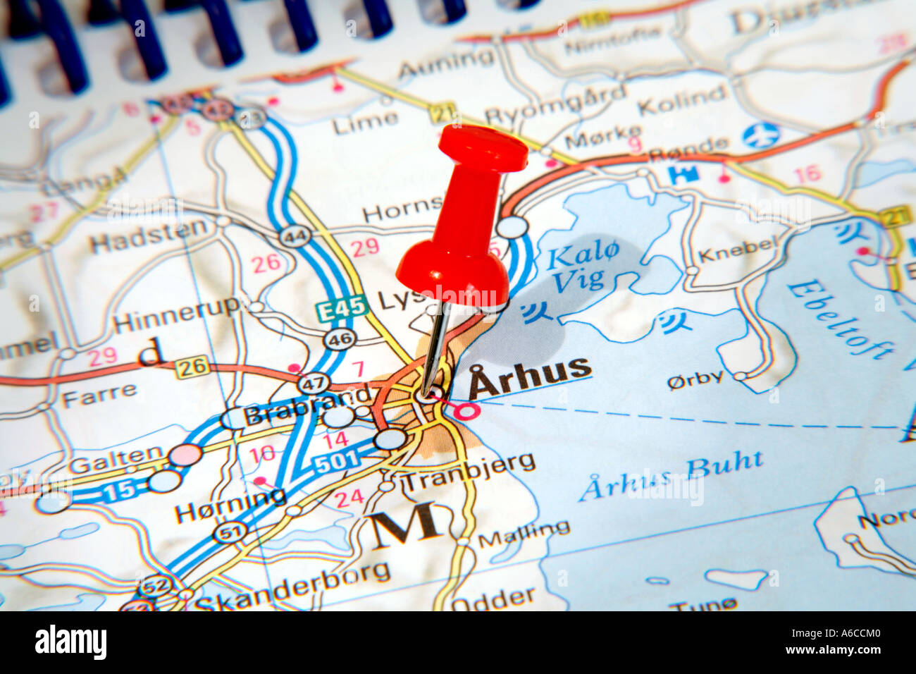 Map Pin pointing to Arhus , Denmark on a road map Stock Photo - Alamy