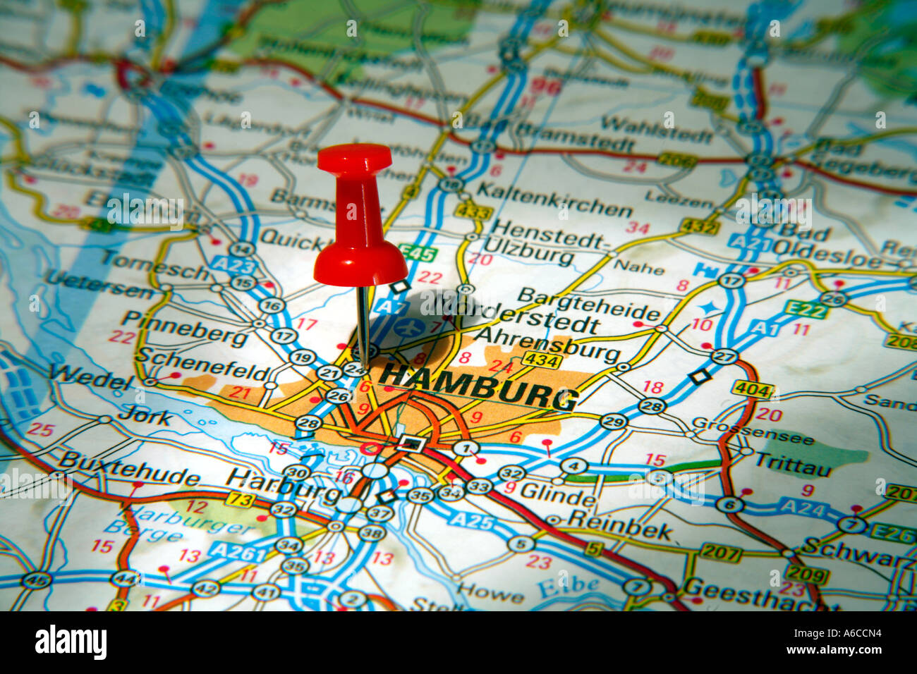 Map Pin pointing to Hamburg , Germany on a road map Stock Photo - Alamy