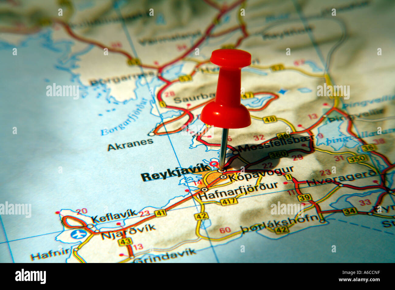 Map Pin pointing to Reykjavik , Iceland , on a road map Stock Photo - Alamy