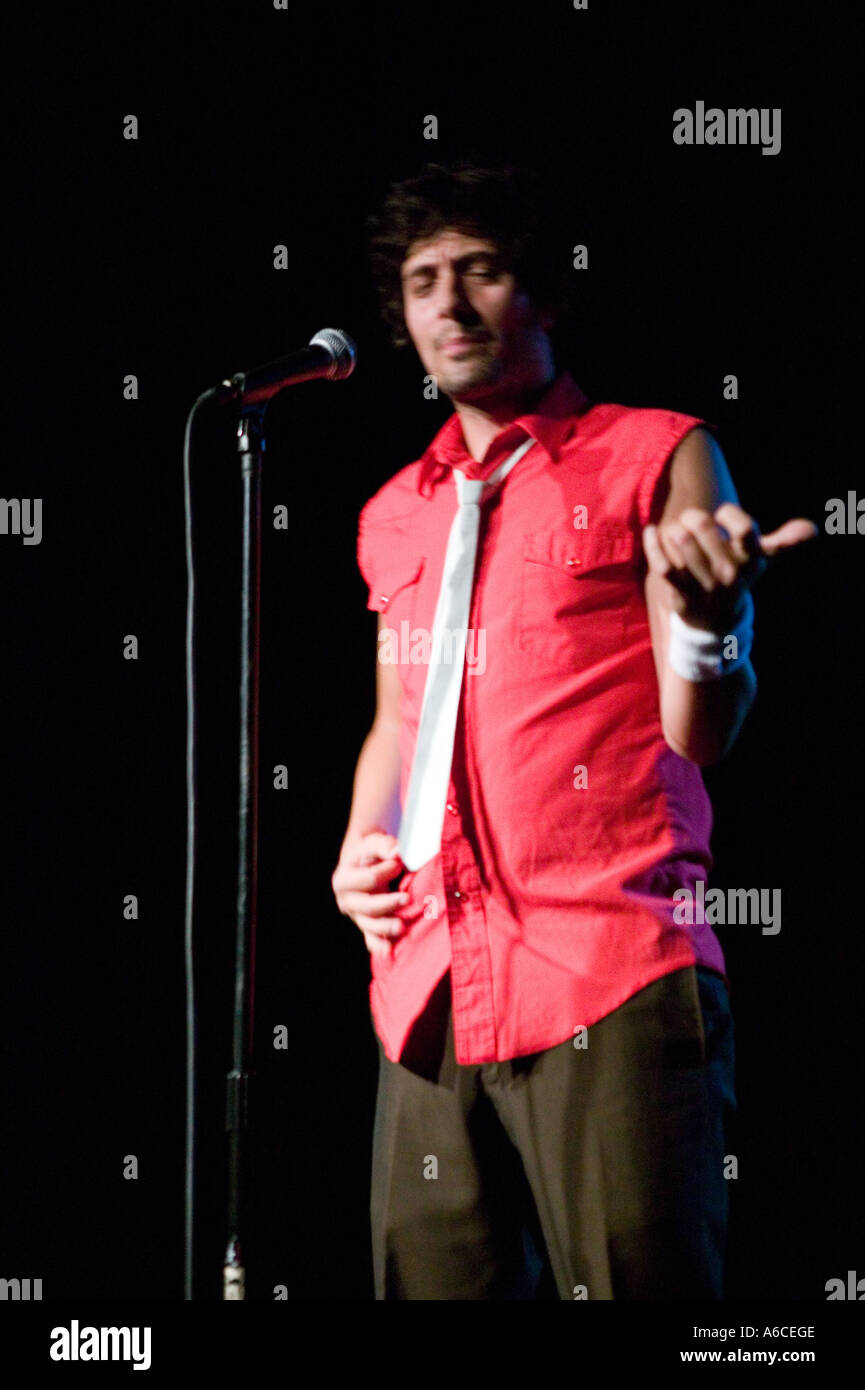 Dan Crane appears on stage in an Air Guitar competition in New York ...