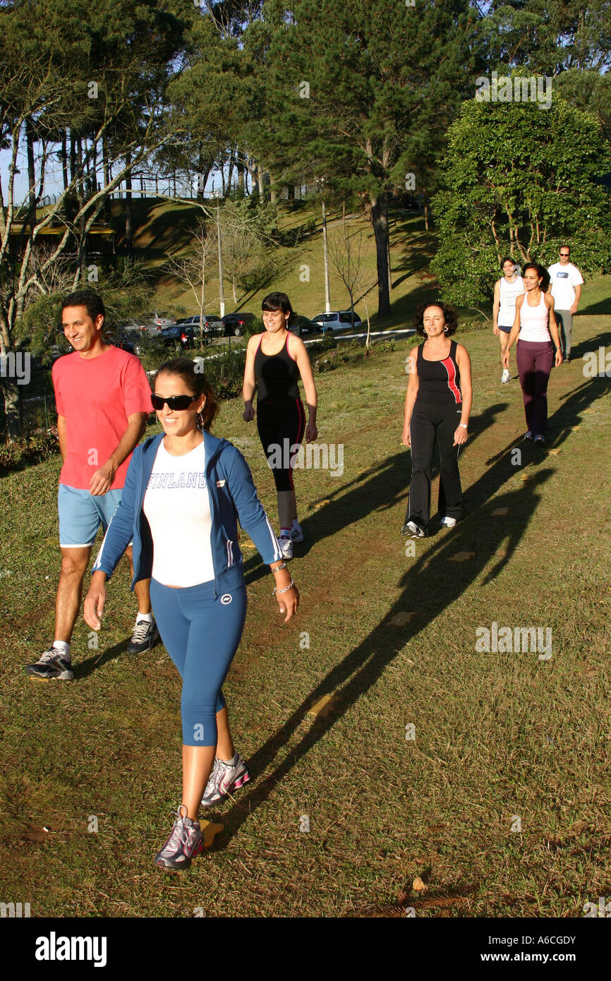 Employees of a industrial plant fo Volvo doing exercise after work in ...