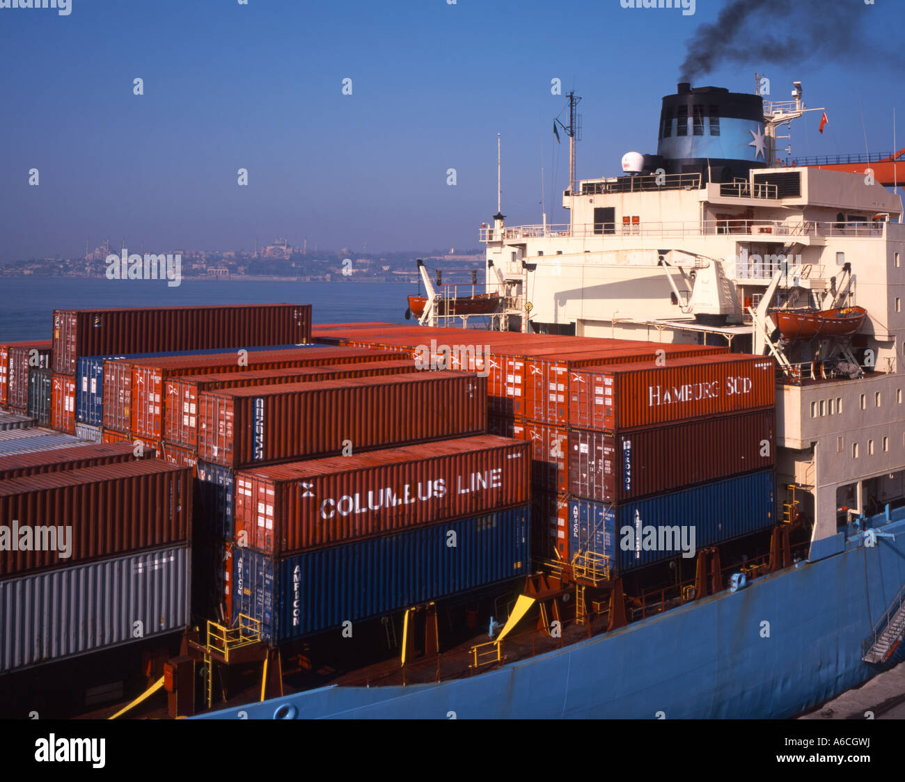Cargo ship loaded with containers at freight terminal Istanbul Turkey ...
