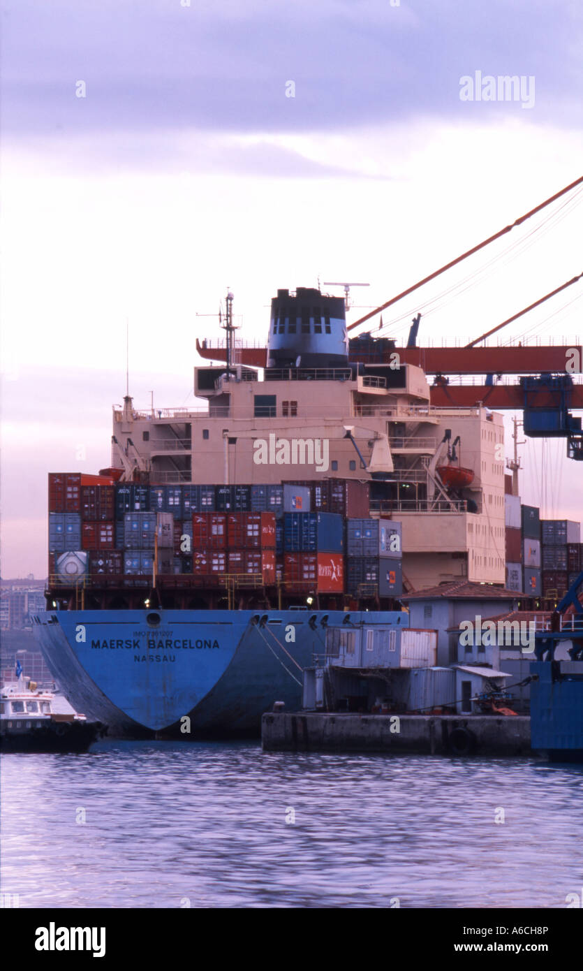 Cargo ship loading and unloading containers at the freight terminal ...