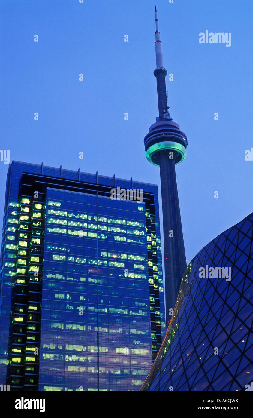 Canada Ontario Toronto CN Tower and office building illuminated at dusk ...