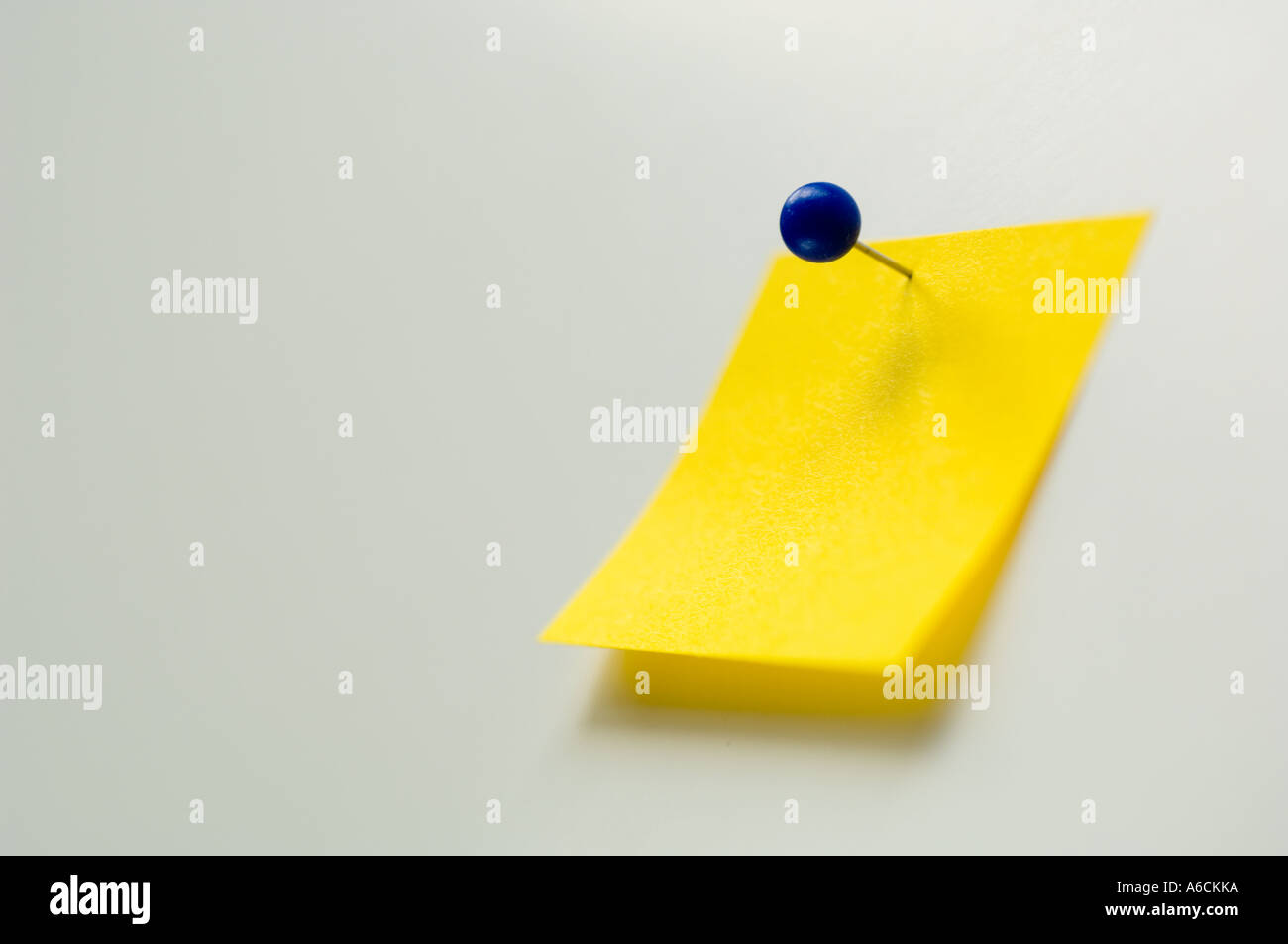 Still life of small yellow paper note stuck to wall with a blue push ...
