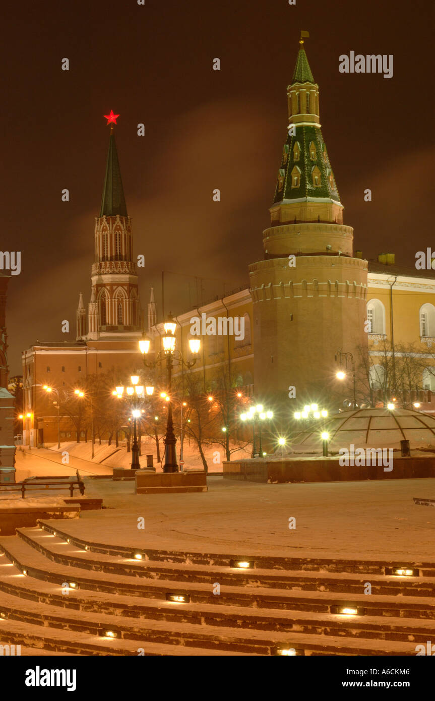 The Kremlin and its towers floodlit at night in winter, Moscow Stock ...