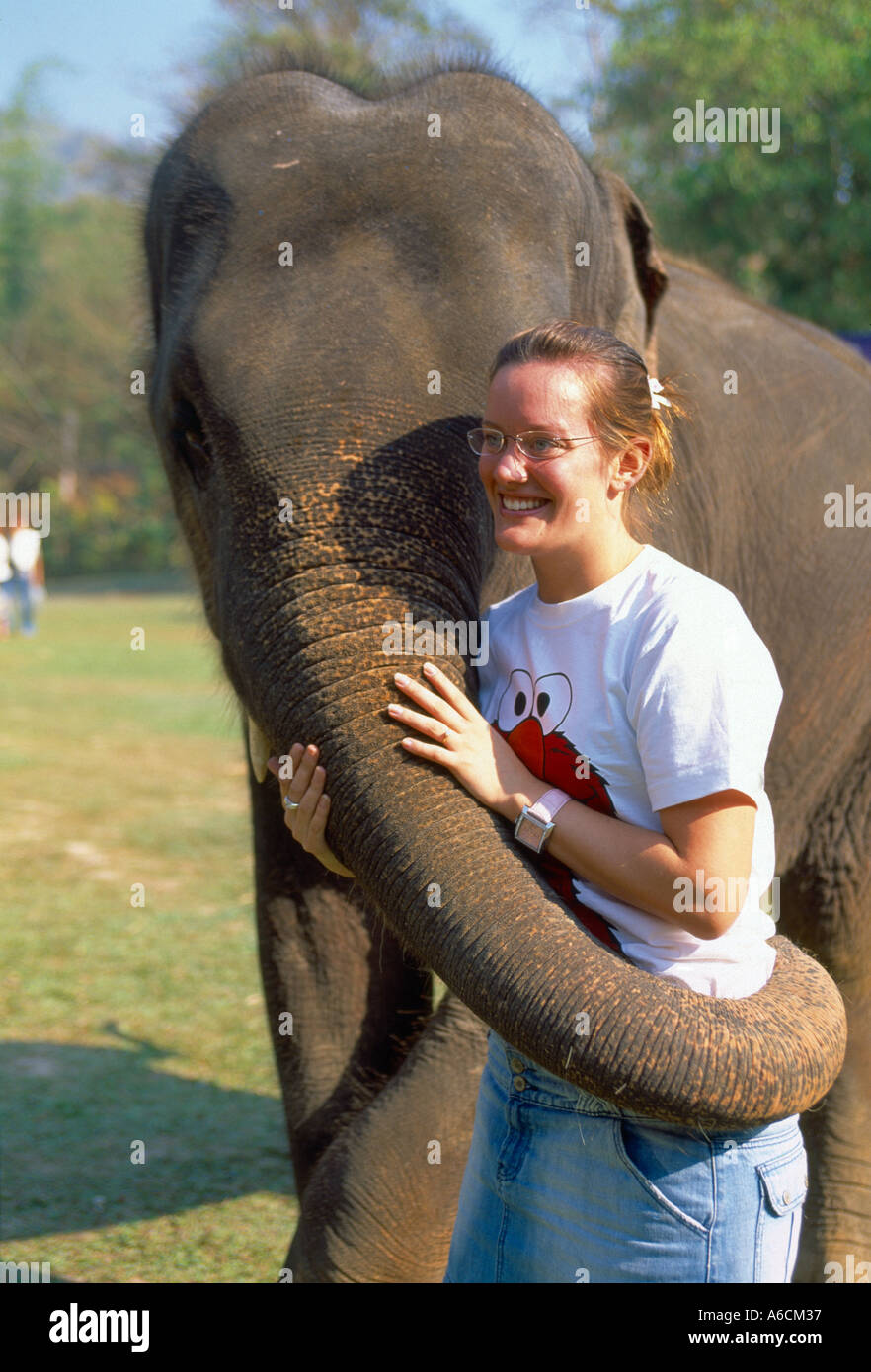 lady hugging a large asian elephant Stock Photo - Alamy
