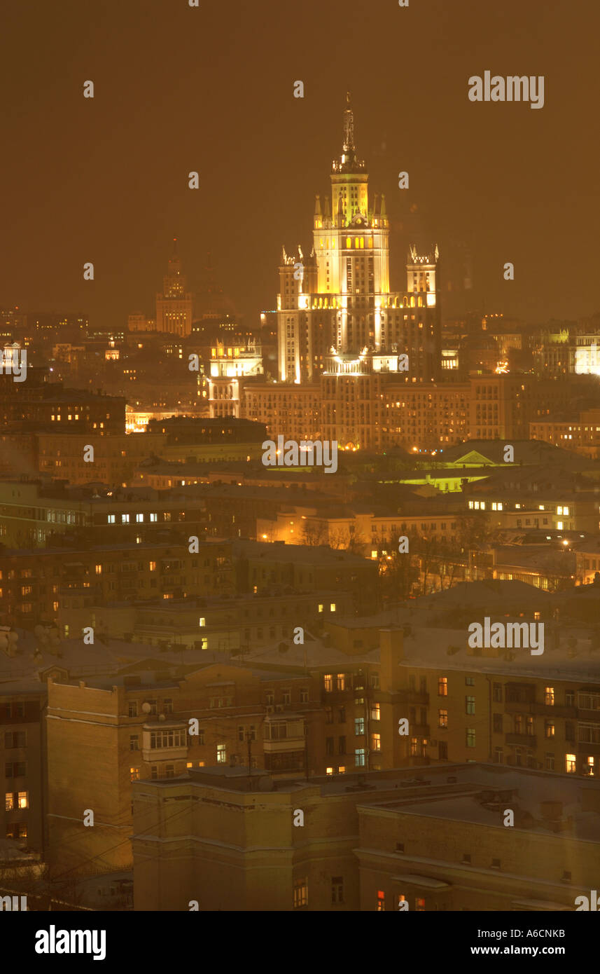 The Moscow skyline at night, with an illuminated Stalin era skyscraper ...