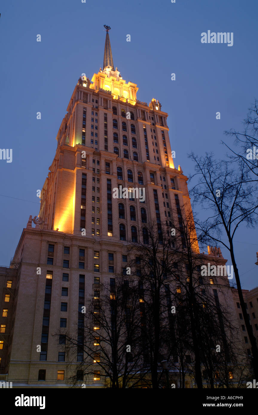 A Stalin style skyscraper - the Hotel Ukraina - in Moscow floodlit at ...