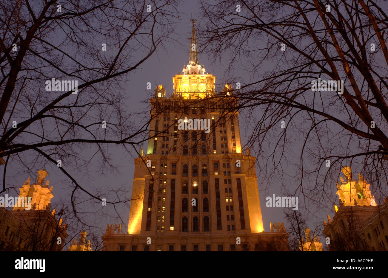 A Stalin style skyscraper - the Hotel Ukraina - in Moscow floodlit at ...