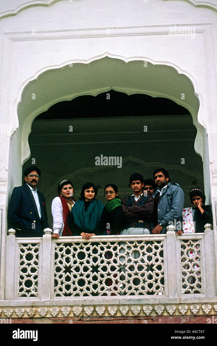 Pakistan Punjab Lahore Shalimar Gardens visitors on stone balcony Stock ...