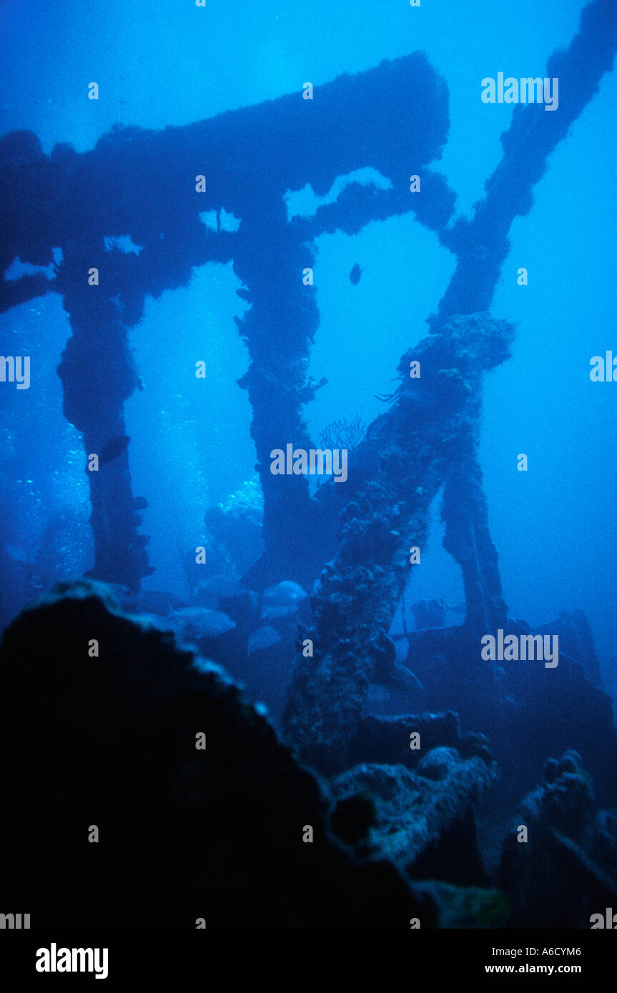 SCUBA DIVER swimming around SUNKEN SHIPWRECK off ST THOMAS ISLAND U S ...