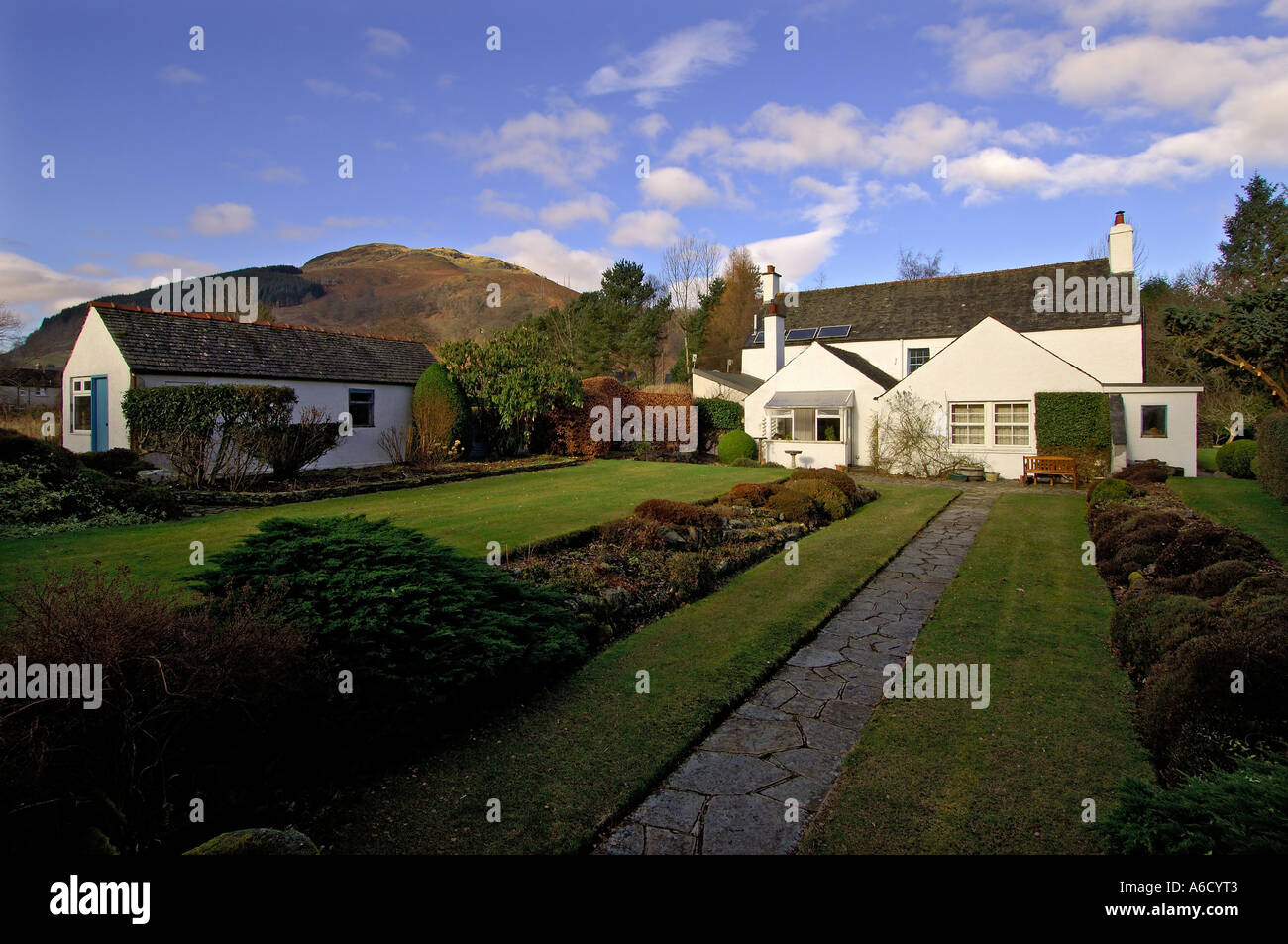 Scottish country house background of distant hills and blue sky Killin ...