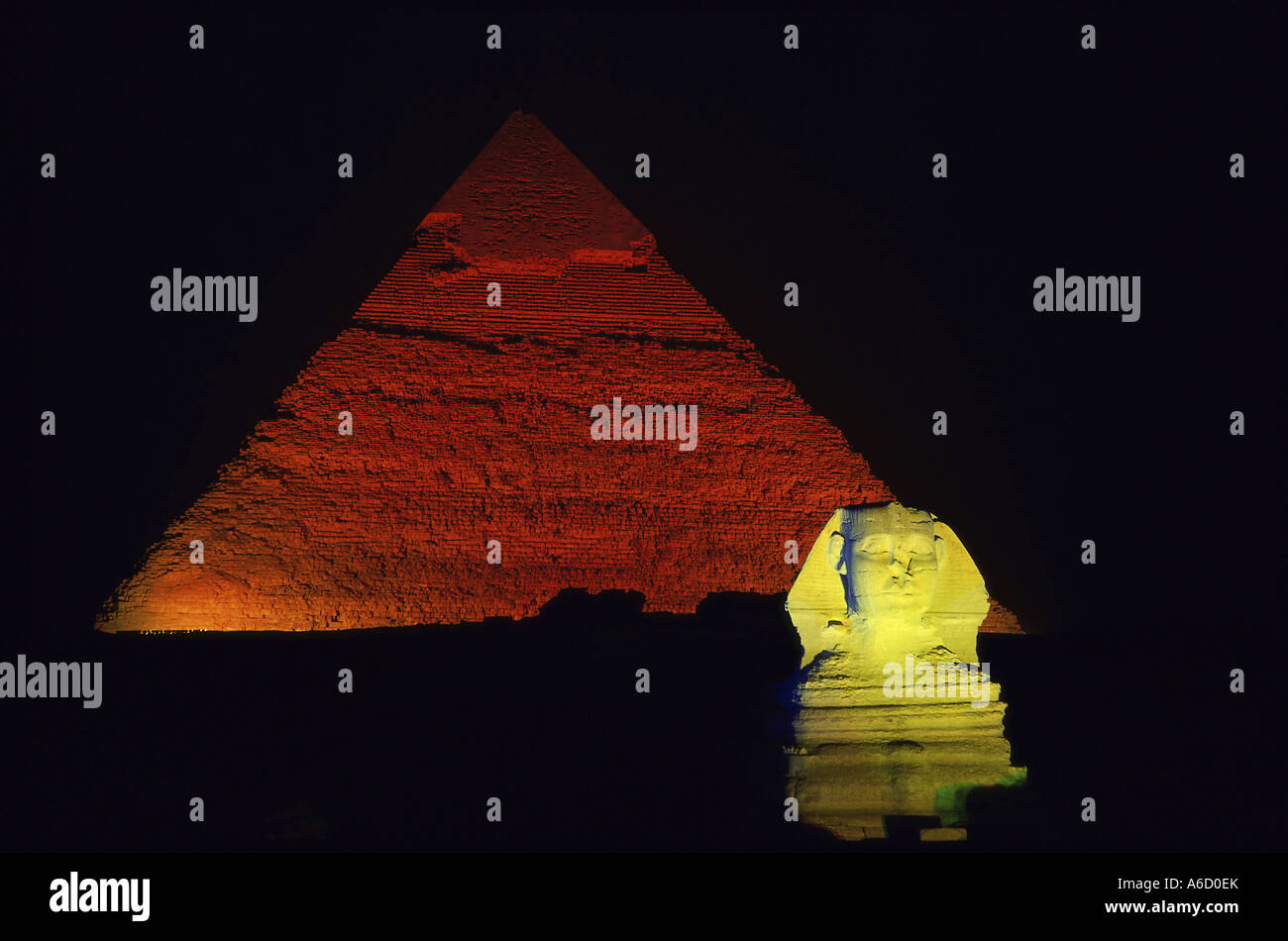 Great Sphinx lit up at night, Chephren Pyramid, Giza, Egypt Stock Photo ...