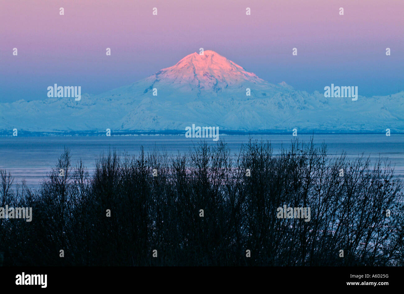 Sea in front of a volcanic mountain, Mount Redoubt, Cook Inlet, Alaska ...