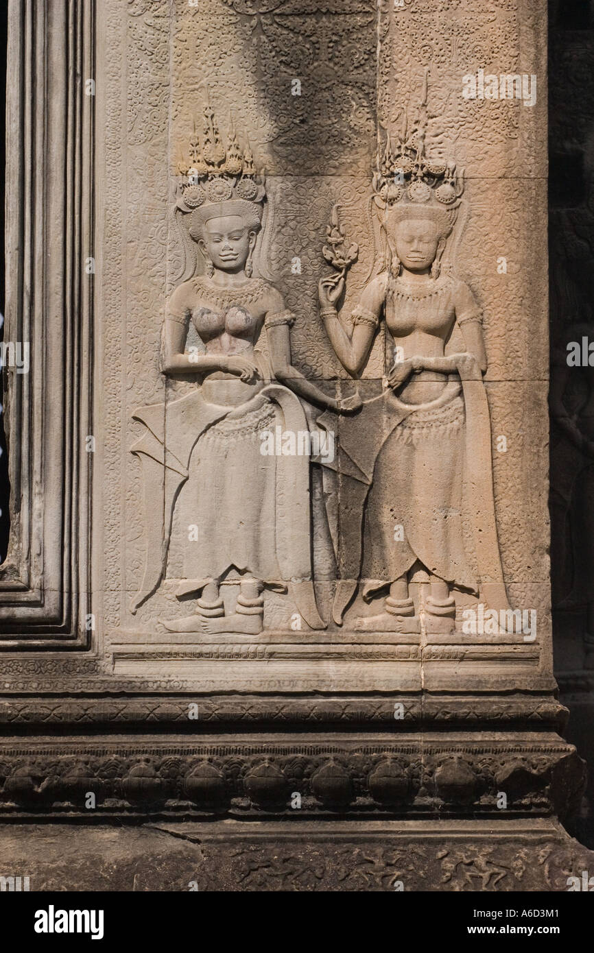 Two stone carved bas relief apsaras celestial maidens at Angkor Wat ...