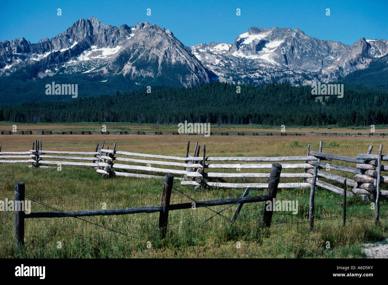 Fence on a landscape, Sawtooth National Recreation Area, Idaho, USA ...