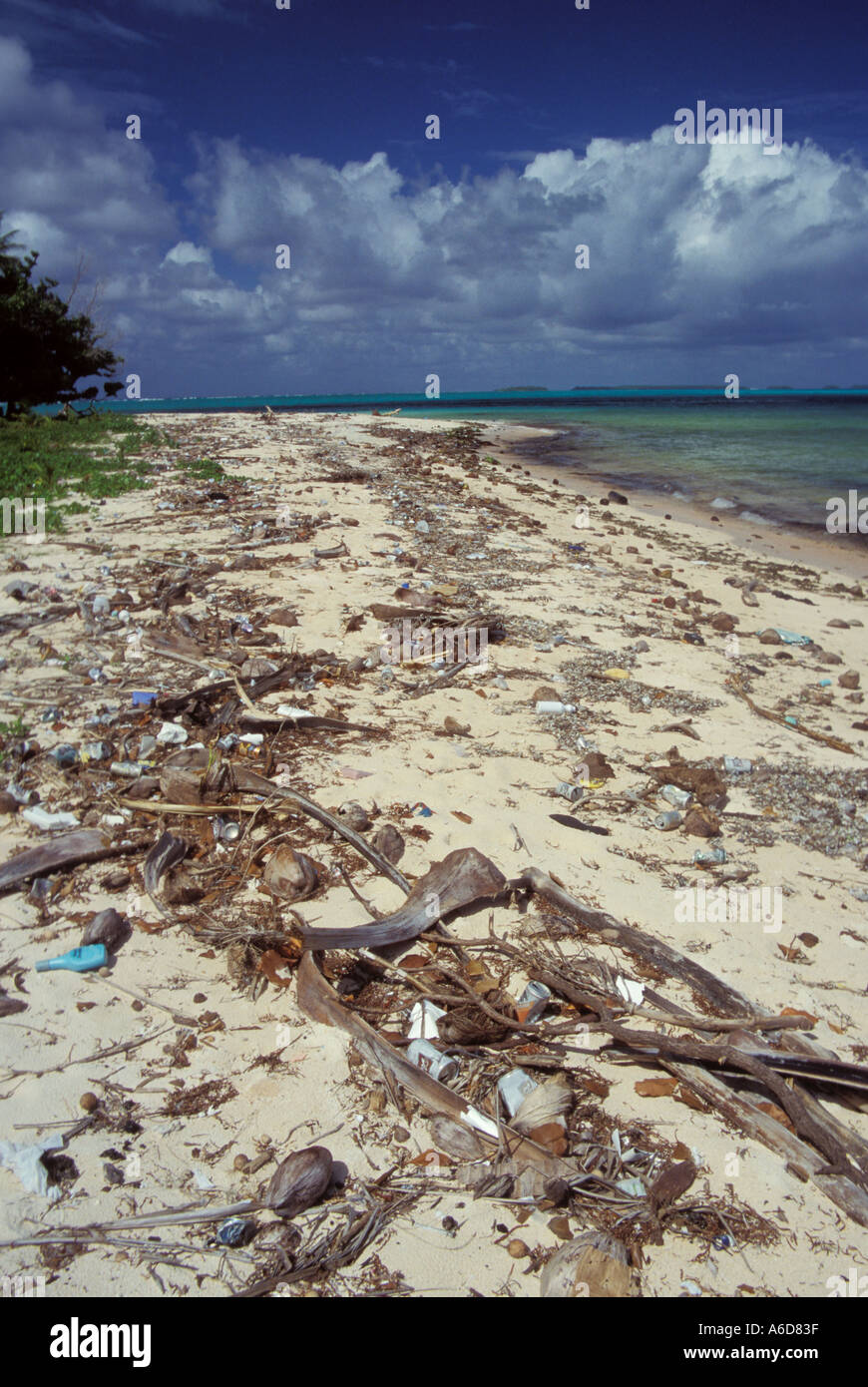 Debris washed ashore on a Pacific Ocean beach in the Marshall Islands ...