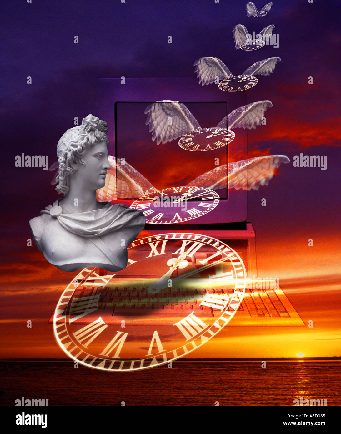 The Passage of Time Flying Clocks with statue and computer against ...