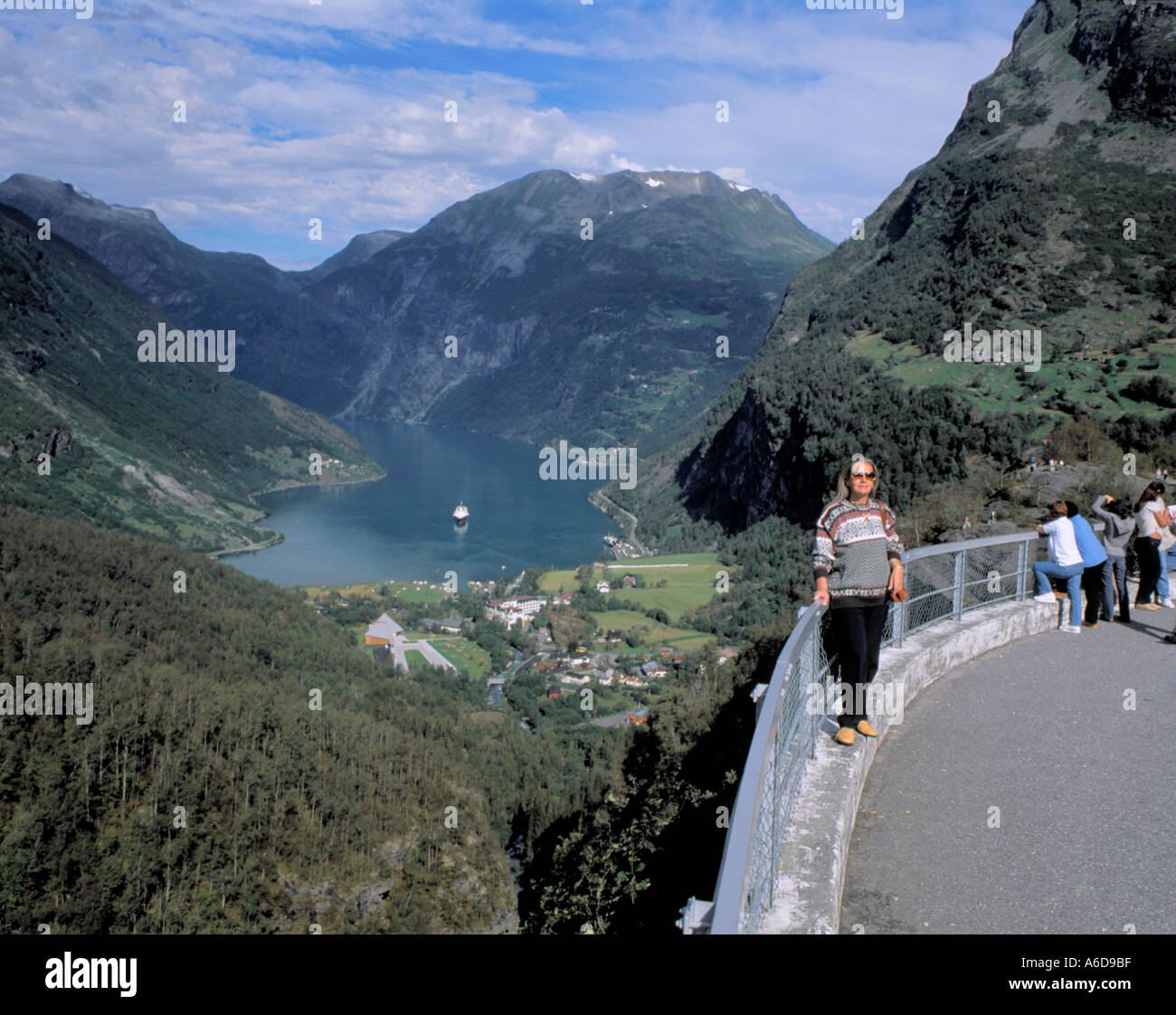 Panoramic view of fjord scenery over Geiranger and Geirangerfjord, Møre ...