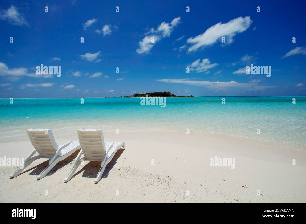 High angle view of two beach chairs on the beach, Maldives Stock Photo ...