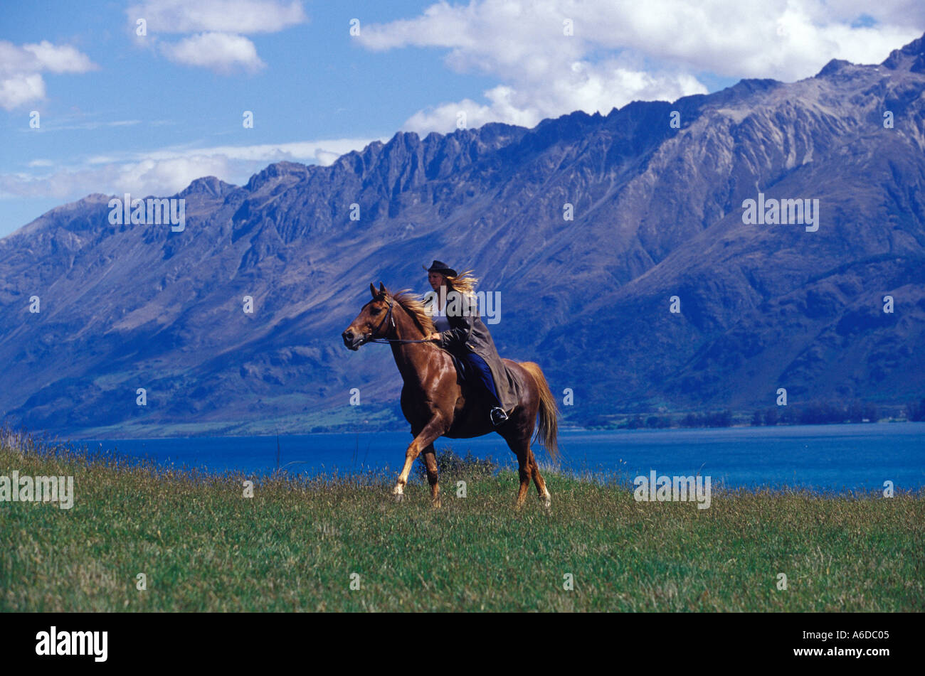 Girl riding horse with scenic backdrop Glenorchy New Zealand Stock ...