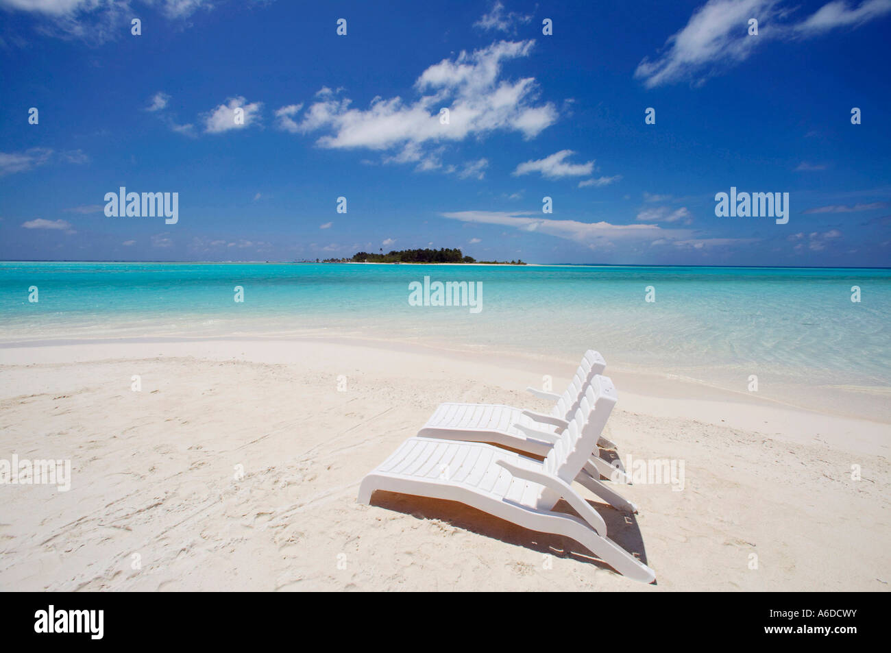 High angle view of two beach chairs on the beach, Maldives Stock Photo ...