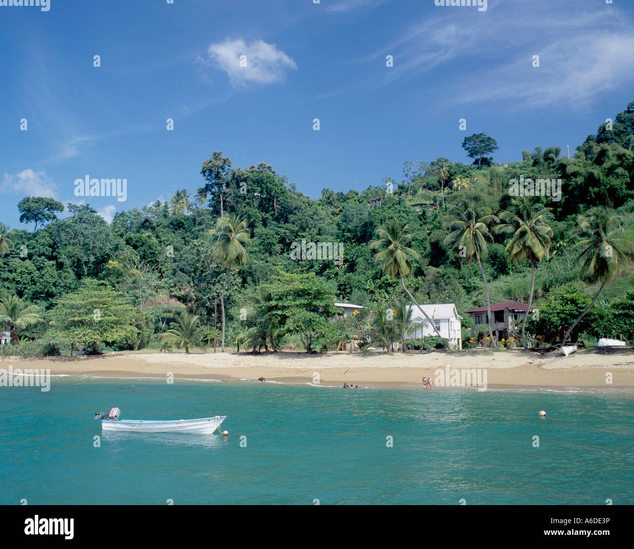 High angle view of a boat in the sea, Parlatuvier Bay, Trinidad and ...