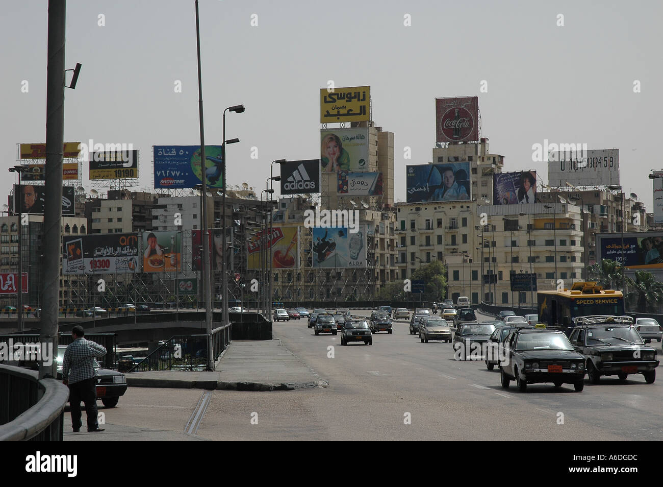 Cairo traffic with buildings in the background with advertisement Stock ...