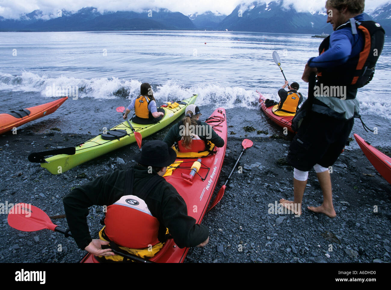 Alaska Seward Sea Kayakers launch from the beach into Resurrection Bay ...