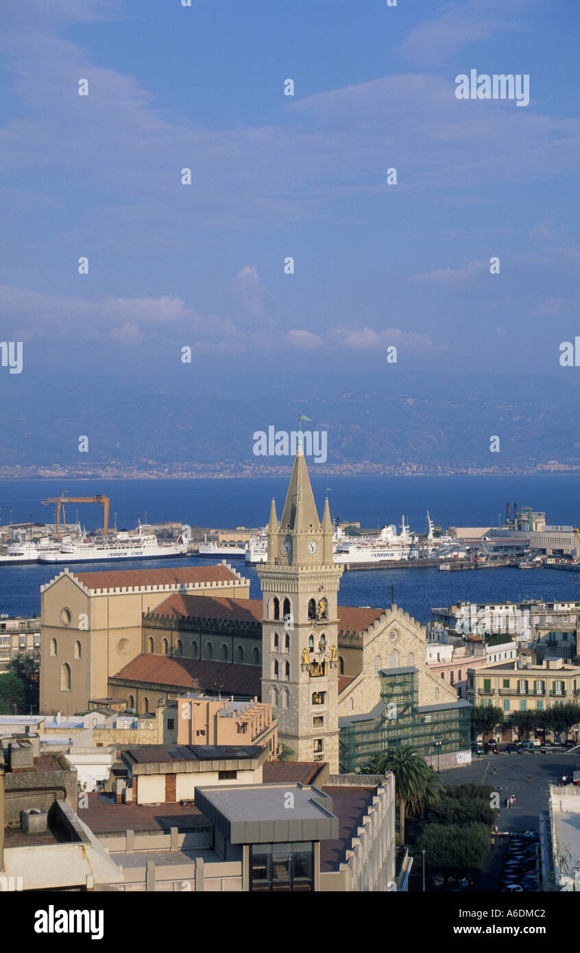 panorama view wth cathedral duomo a ferry port Messina Sicily Italy ...