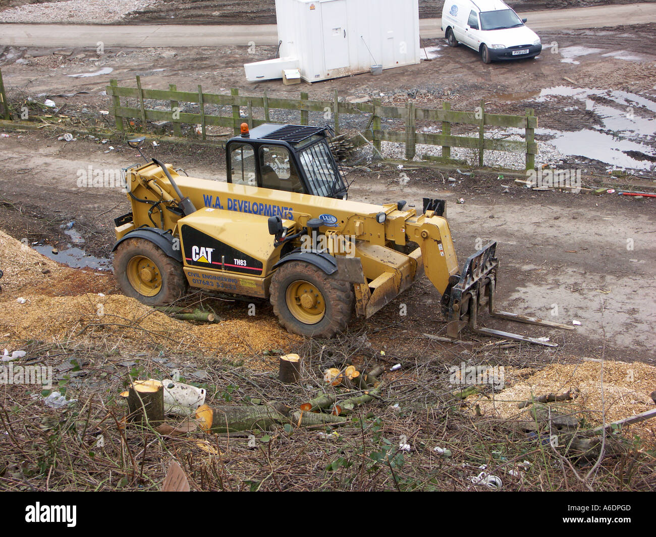 Caterpillar or Cat long reach forklift on a building or construction ...