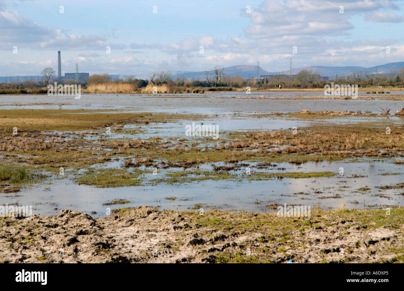 Water filled lagoon at Newport Wetlands National Nature Reserve South ...