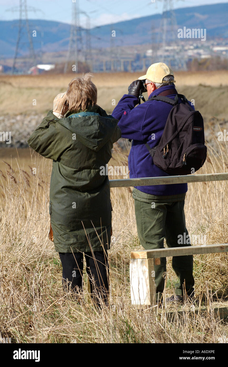 Birdwatchers at Newport Wetlands National Nature Reserve Gwent Levels ...