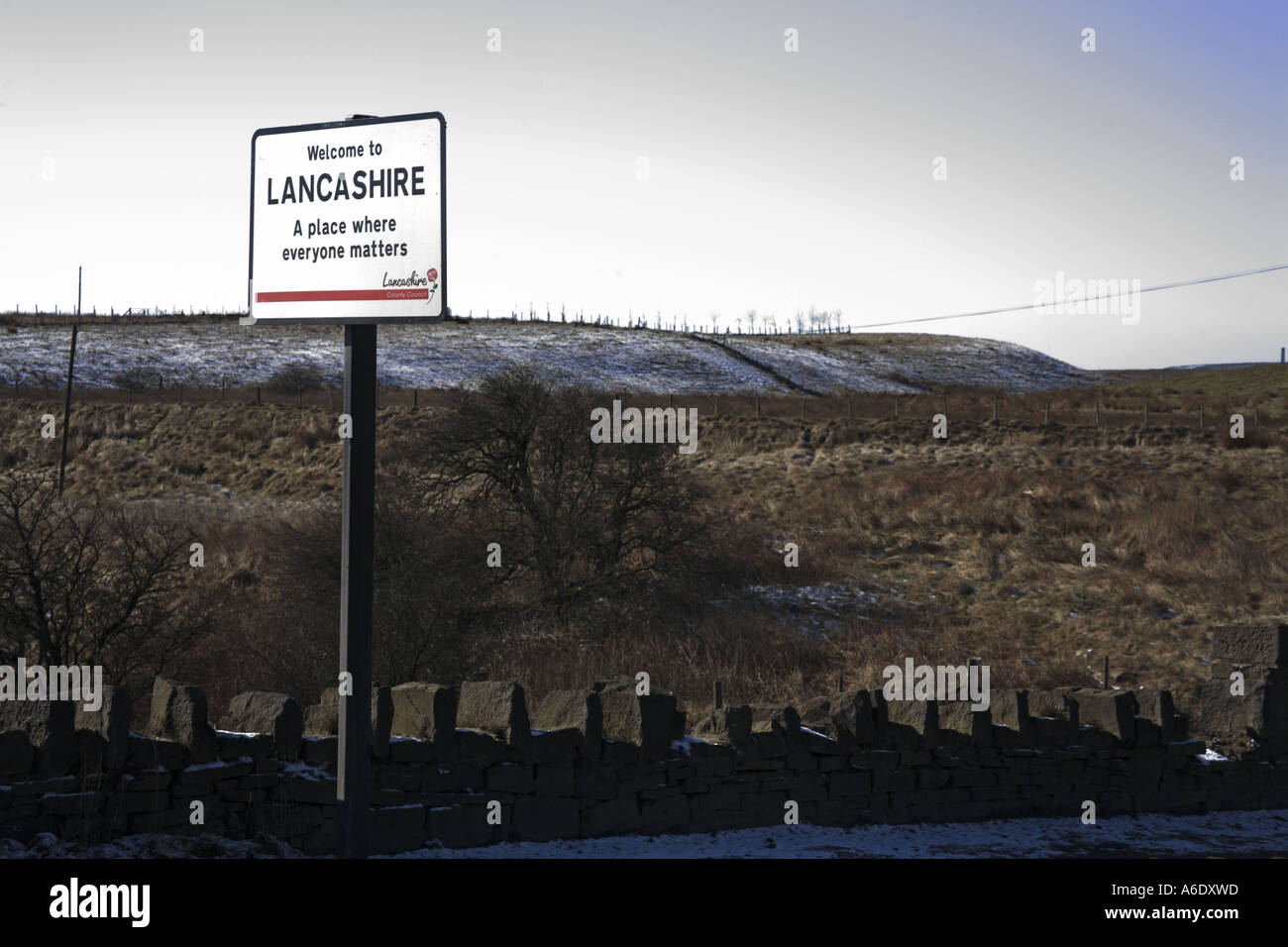 Boundary sign at the border between Greater Manchester and Lancashire ...