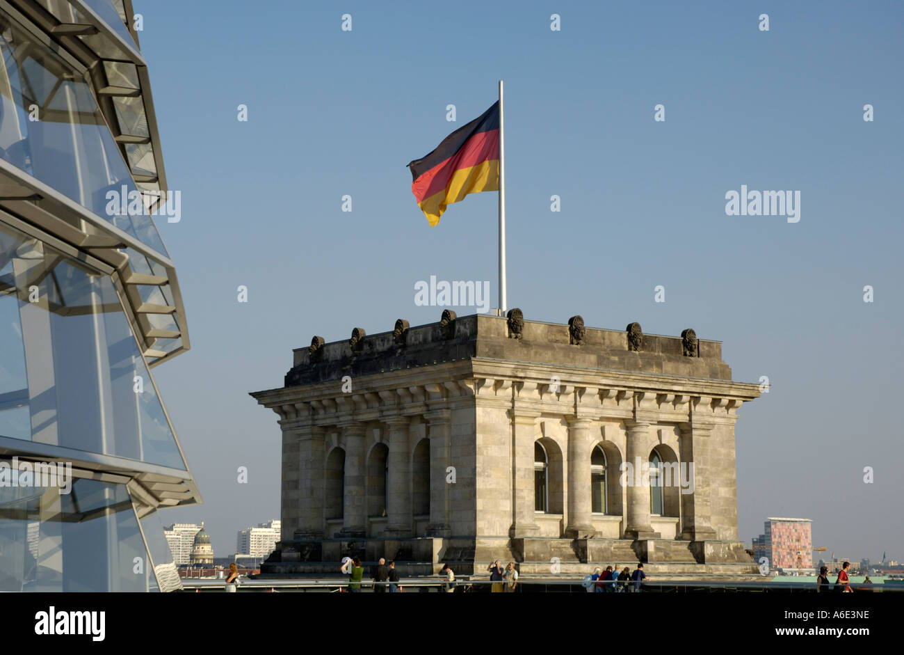 Tower of Building Reichstag with german flag, Berlin, Germany Stock ...