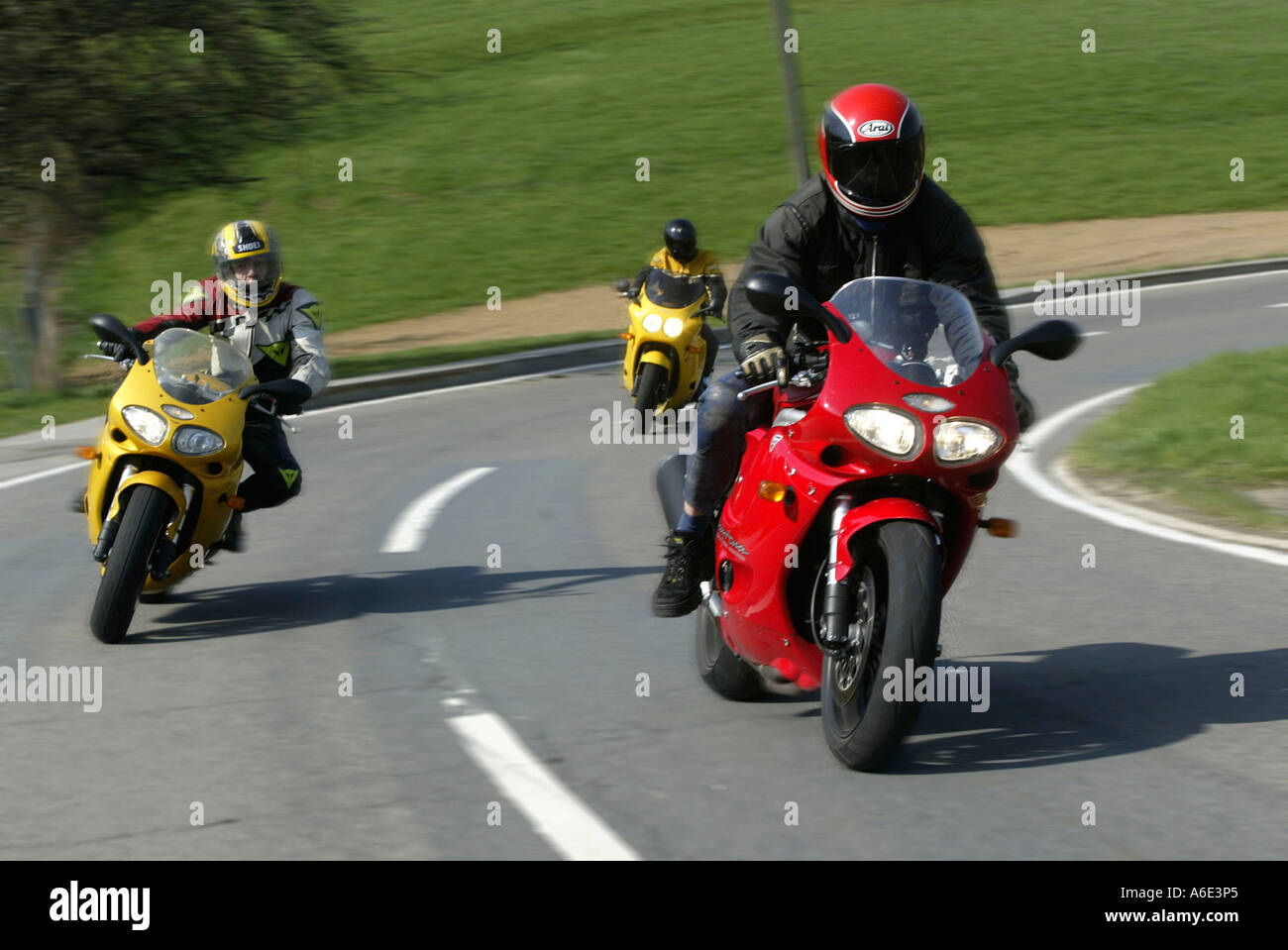 DEU 15.04.2004, motorcyclists in the Oden forest near Heidelberg Stock ...